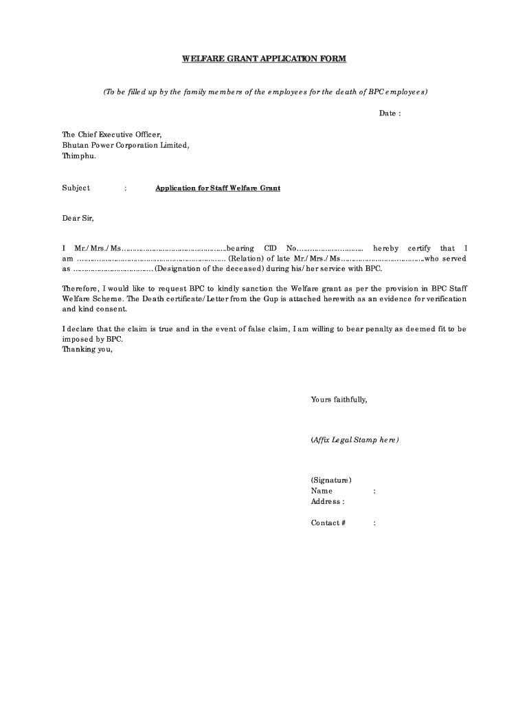 Fillable Online WELFARE GRANT APPLICATION FORM Fax Email Print - pdfFiller