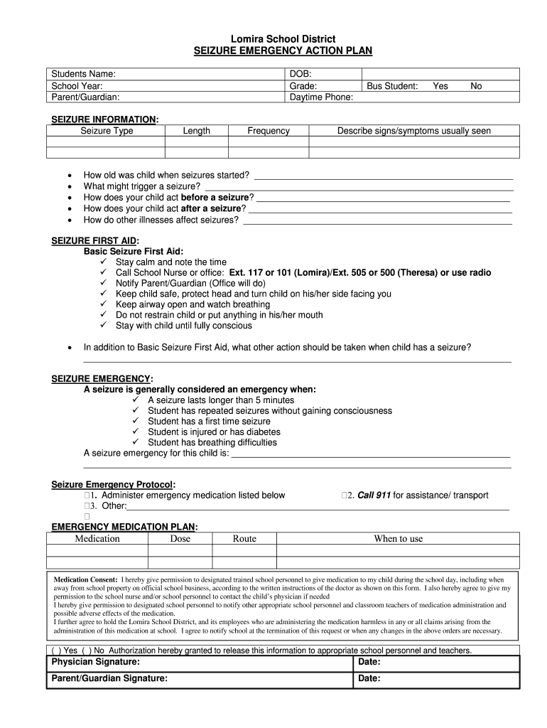 Fillable Online SEIZURE EMERGENCY ACTION PLAN - lomirak12wius Fax Email ...