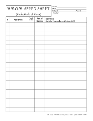 Fillable Online tollmiddleschool WWOW SPEED SHEET Name - Toll Middle ...