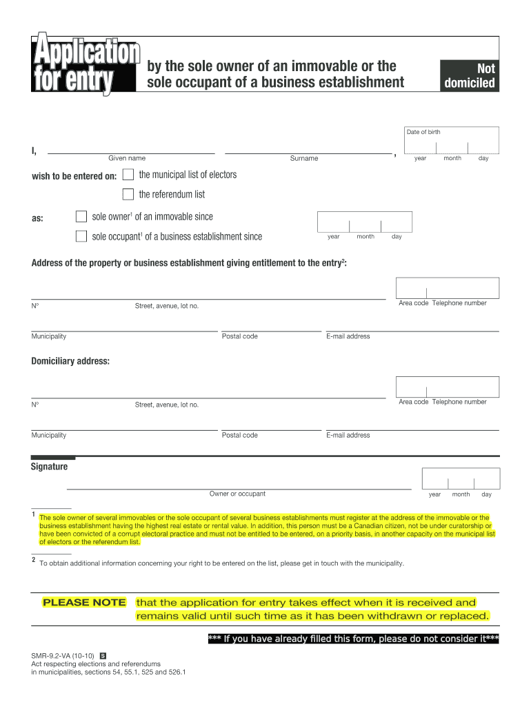 Fillable Online SMR-92-VA 10-10 Application for entry by the sole owner ...