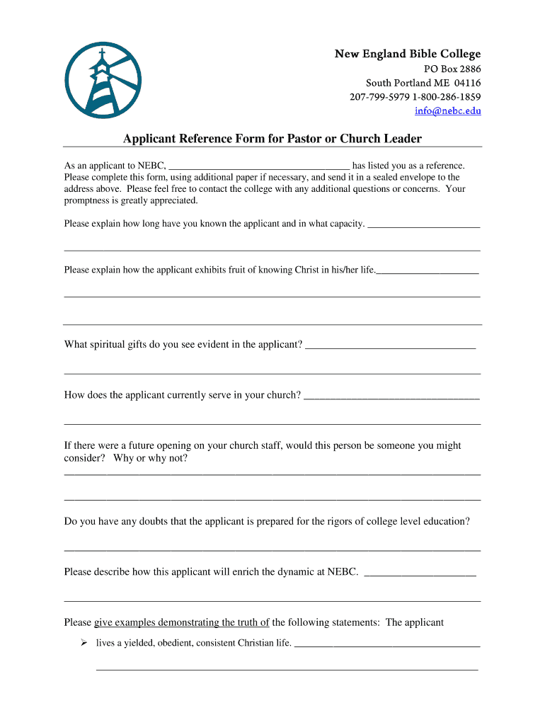 Fillable Online nebc Applicant Reference Form for Pastor or Church Leader - nebc Fax Email Print ...