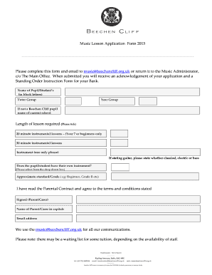 Fillable Online beechencliff org Music Lesson Application Form 2015 ...