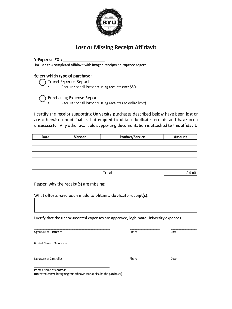Fillable Online purchasing byu Lost or Missing Receipt Affidavit ...