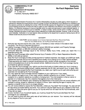 Fillable Online COMMONWEALTH OF Kentucky KENTUCKY No-Fault Rejection ...