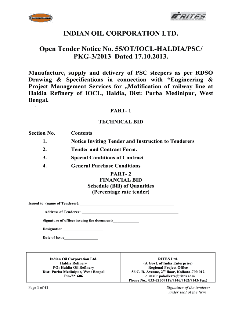Fillable Online INDIAN OIL CORPORATION LTD Open Tender Notice No Fax ...