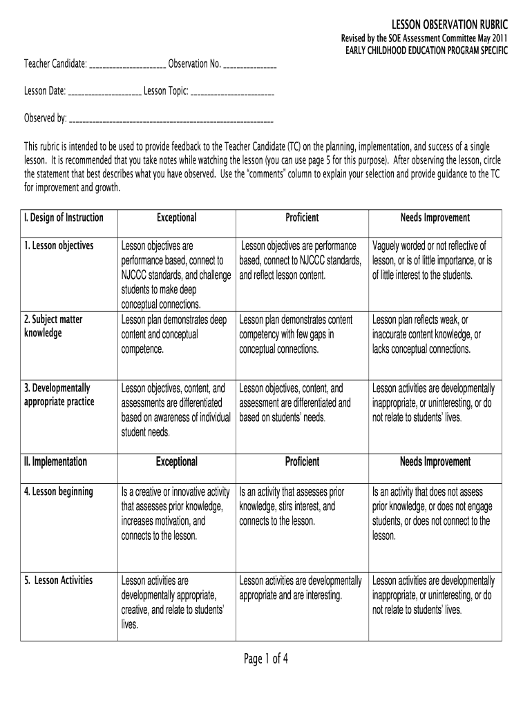 Fillable Online step pages tcnj LESSON OBSERVATION RUBRIC - step pages ...