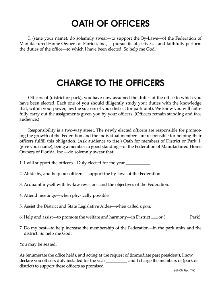 Fillable Online fmo OATH OF OFFICERS CHARGE TO THE OFFICERS - fmoorg ...