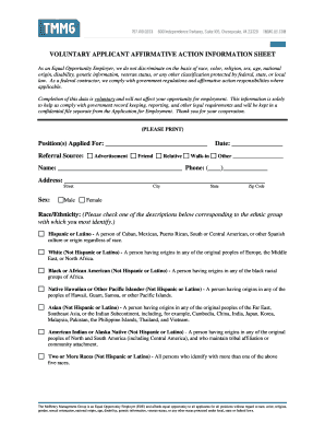 Fillable Online VOLUNTARY APPLICANT AFFIRMATIVE ACTION INFORMATION ...