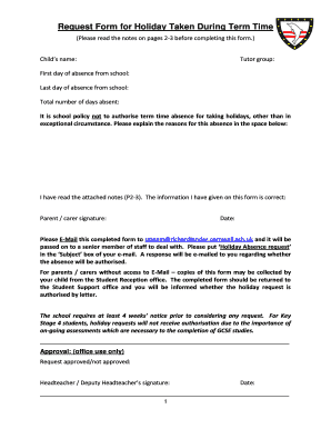 Fillable Online Request Form for Holiday Taken During Term Time Fax ...