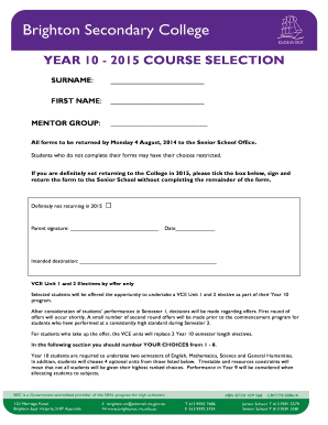 Fillable Online brightonsc vic edu Senior school selection sheet into ...