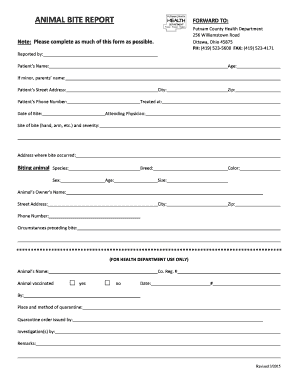 Fillable Online ANIMAL BITE REPORT FORWARD TO Note Please complete as ...