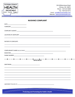 Fillable Online NUISANCE COMPLAINT - putnamhealthcom Fax Email Print ...