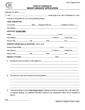 Fillable Online TOWN OF KINDERSLEY MINOR VARIANCE APPLICATION Fax Email ...