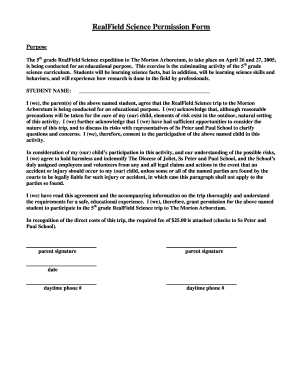 Fillable Online RealField Science Permission Form - ssppstudentctrcom ...