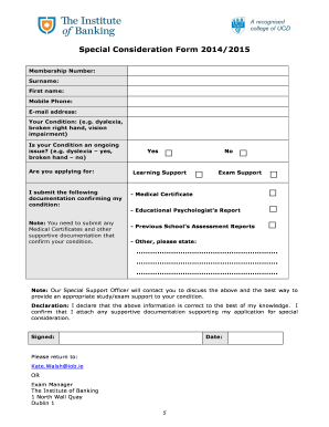 Fillable Online iob Special Consideration Form 20142015 - iob Fax Email ...