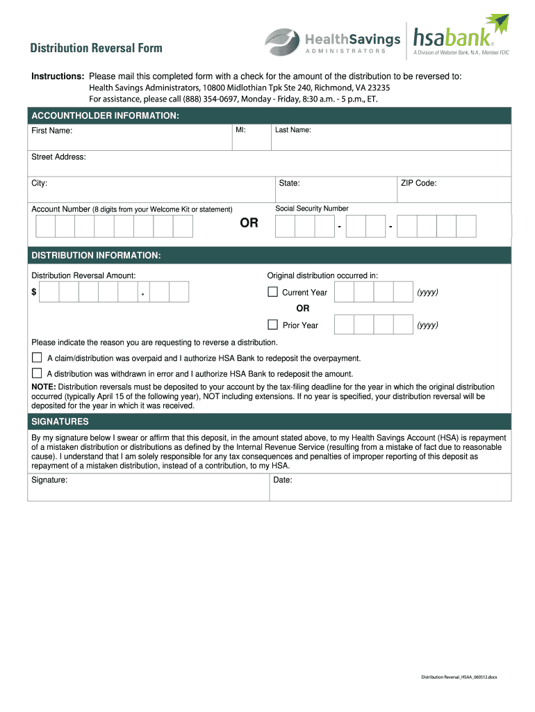 Fillable Online Distribution Reversal Form - Health Savings Fax Email ...