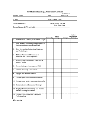 Fillable Online Pre-Student Teaching Observation Checklist Fax Email ...
