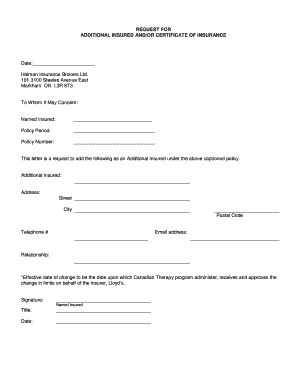 Fillable Online REQUEST FOR ADDITIONAL INSURED ANDOR CERTIFICATE OF ...