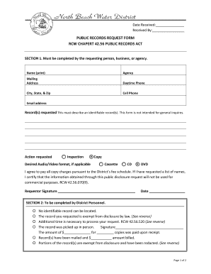 Fillable Online Date Received: Received By: PUBLIC RECORDS REQUEST FORM RCW CHAPERT 42 Fax Email ...