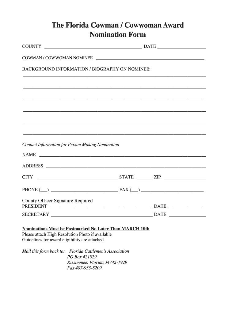 Fillable Online The Florida Cowman Cowwoman Award Nomination Form Fax ...