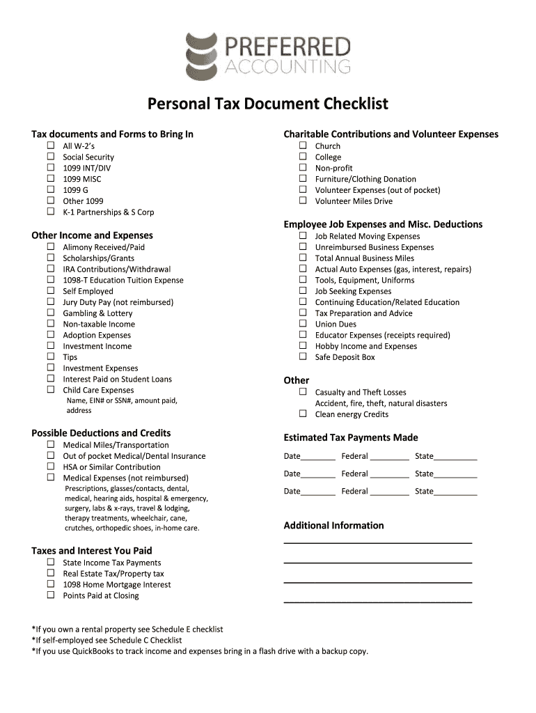Fillable Online Personal Tax Document Checklist - Preferred Accounting ...