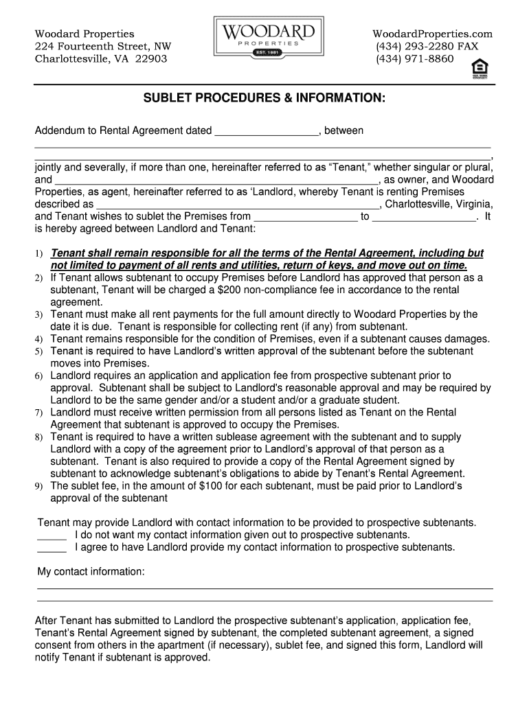 Fillable Online SUBLET PROCEDURES amp INFORMATION - Woodard Properties ...