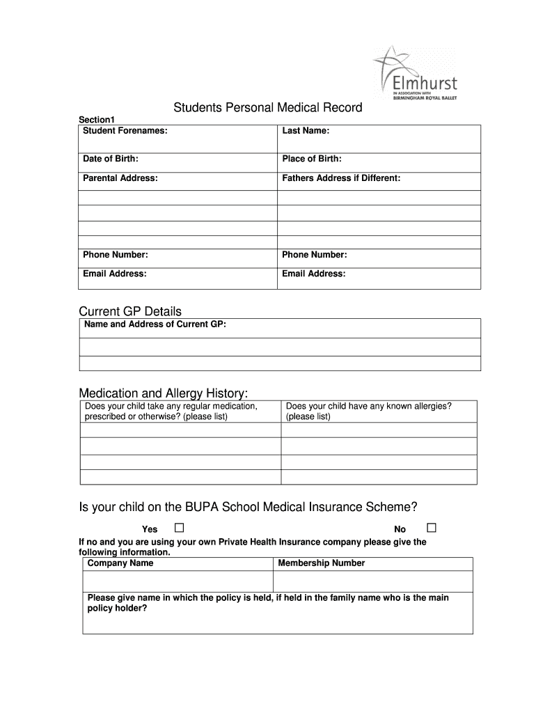 Fillable Online Students Personal Medical Record - Elmhurst School for ...