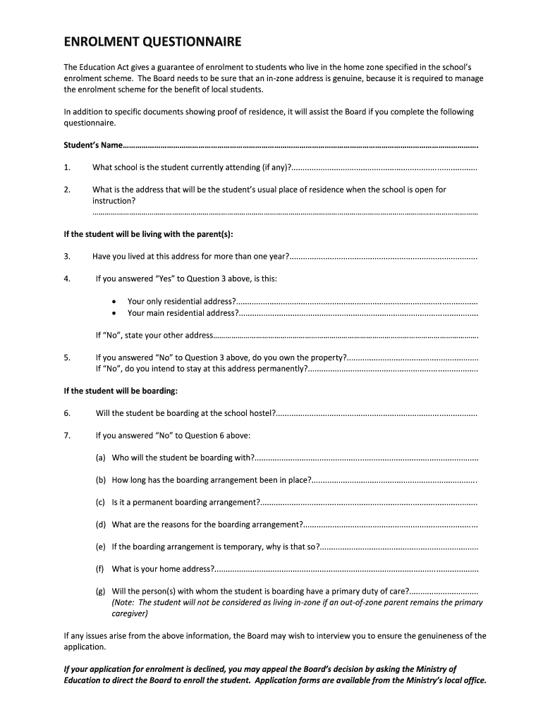 Fillable Online ENROLMENT QUESTIONNAIRE Fax Email Print - pdfFiller