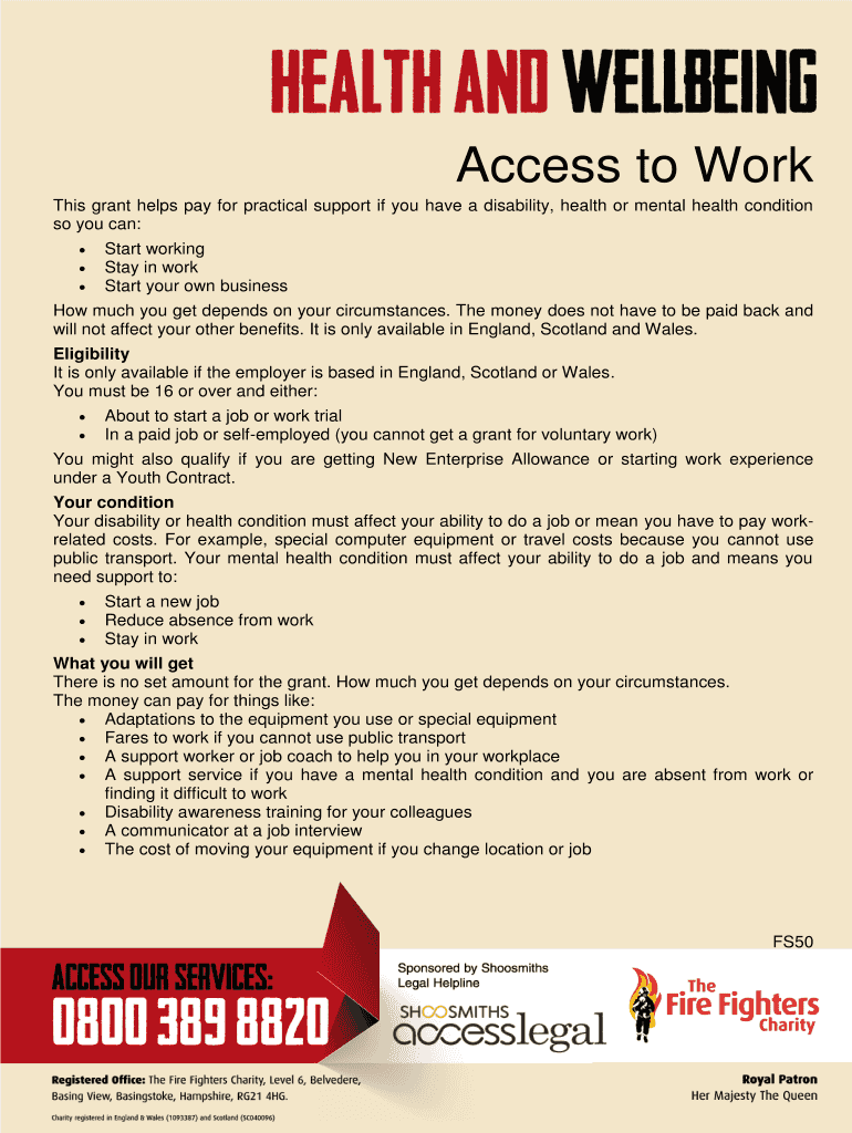Fillable Online firefighterscharity org Access to Work ...
