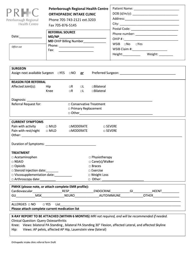 Fillable Online ORTHOPAEDIC INTAKE CLINIC Fax Email Print - pdfFiller