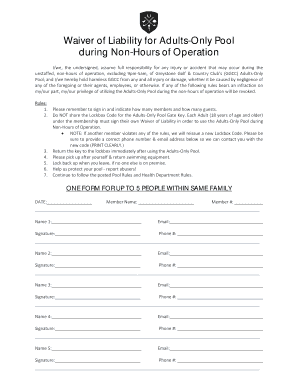 Fillable Online Adult Lap Swim Waiver of Liability for Non-Hours of ...