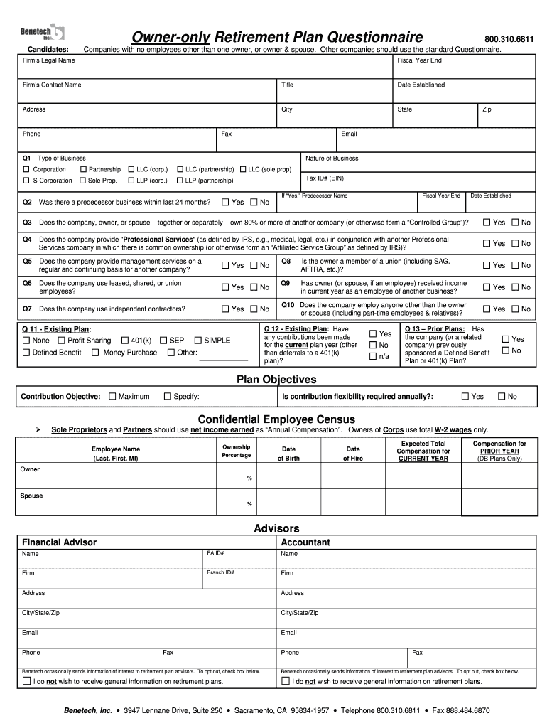 Fillable Online Owner-only Retirement Plan Questionnaire 800310 Fax ...