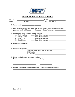Fillable Online SLEEP APNEA QUESTIONNAIRE - bmafcompaniesbbcomb Fax ...