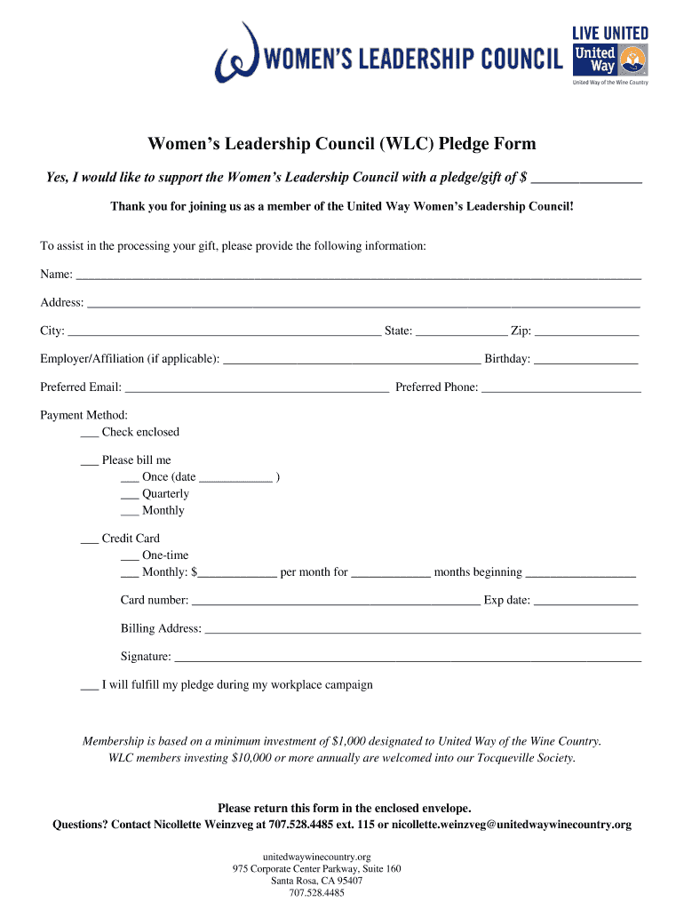 Fillable Online Womens Leadership Council WLC Pledge Form Fax Email ...