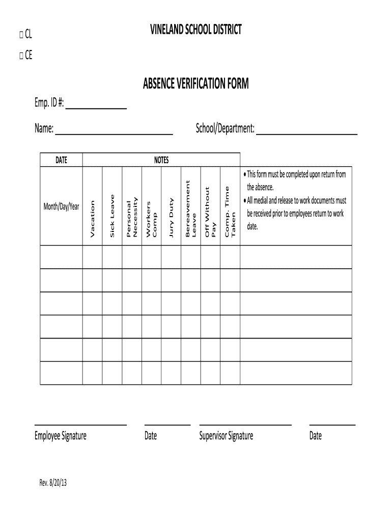 Fillable Online vineland k12 ca ABSENCE VERIFICATION FORM Emp ID Name ...