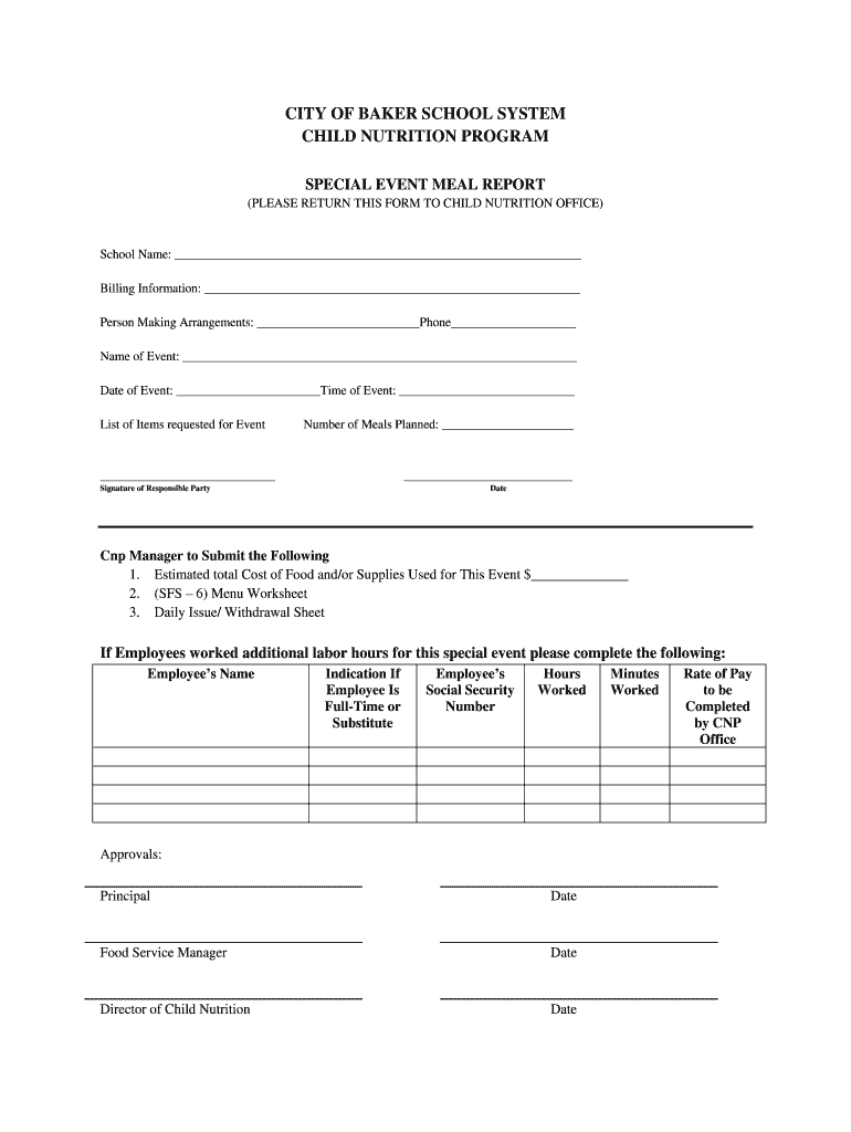Fillable Online CITY OF BAKER SCHOOL SYSTEM CHILD NUTRITION PROGRAM Fax ...