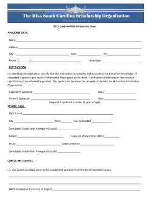 Fillable Online 2015 Quality of Life Scholarship Form Fax Email Print ...