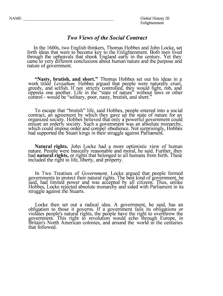 Fillable Online Two Views of the Social Contract - My Social Studies ...