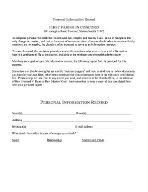 Fillable Online Personal Information Record 2015 - First Parish Fax ...