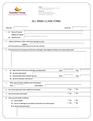 Fillable Online ALL RISKS CLAIM FORM - myguardiangroupcom Fax Email ...