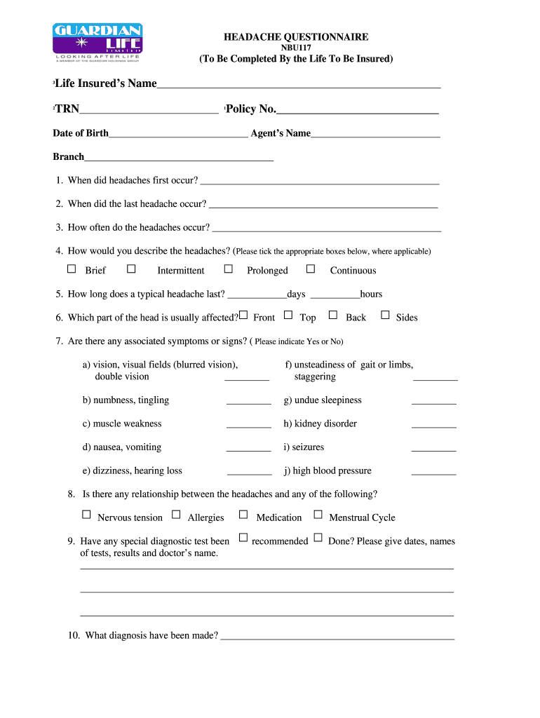Fillable Online HEADACHE QUESTIONNAIREdoc Fax Email Print - pdfFiller