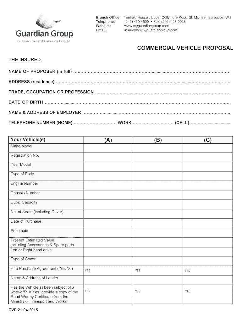 Fillable Online Commercial Vehicle Proposal - Guardian Group Fax Email ...
