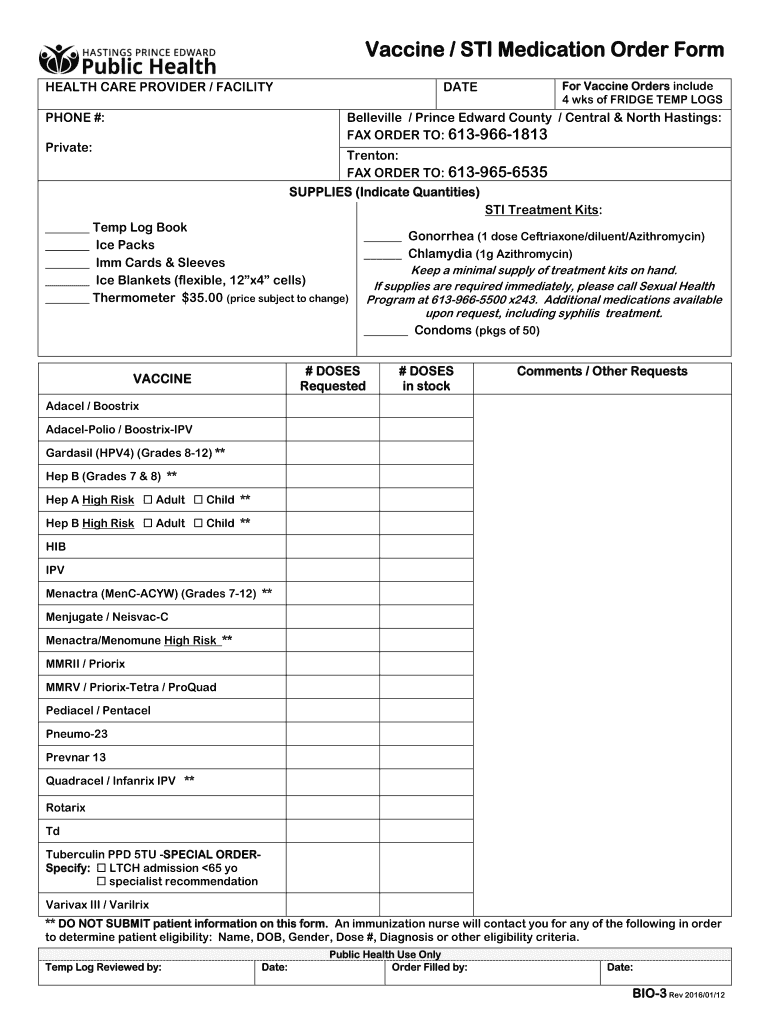 Fillable Online hpepublichealth Vaccine STI Medication Order Form ...