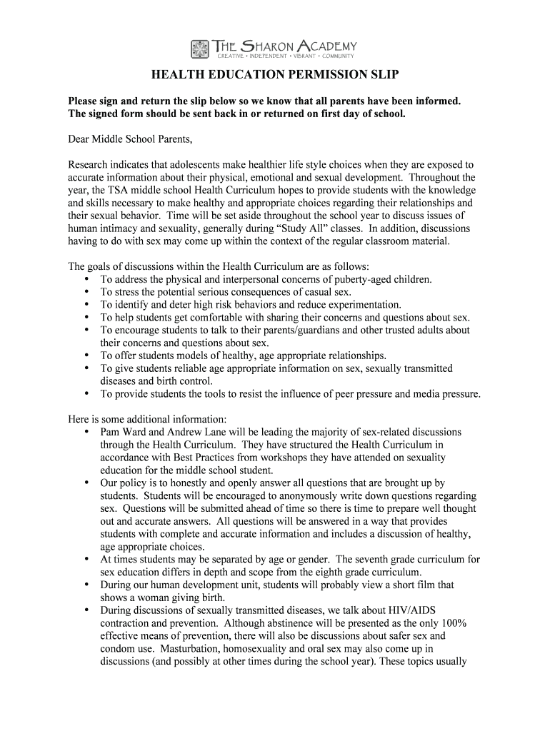 Fillable Online sharonacademy HEALTH EDUCATION PERMISSION SLIP - The ...