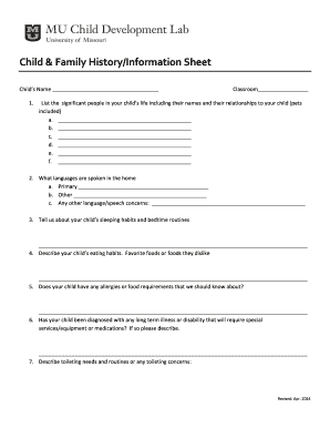 Fillable Online Child Family HistoryInformation Sheet Fax Email Print ...