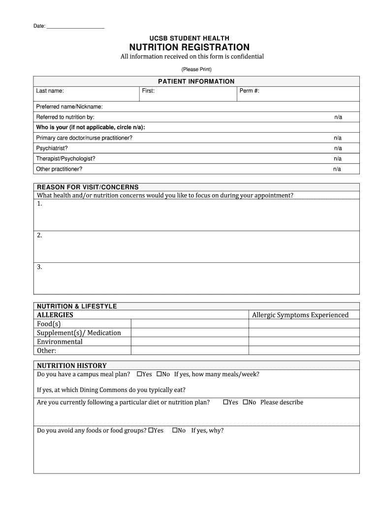 Fillable Online studenthealth sa ucsb UCSB STUDENT HEALTH NUTRITION ...
