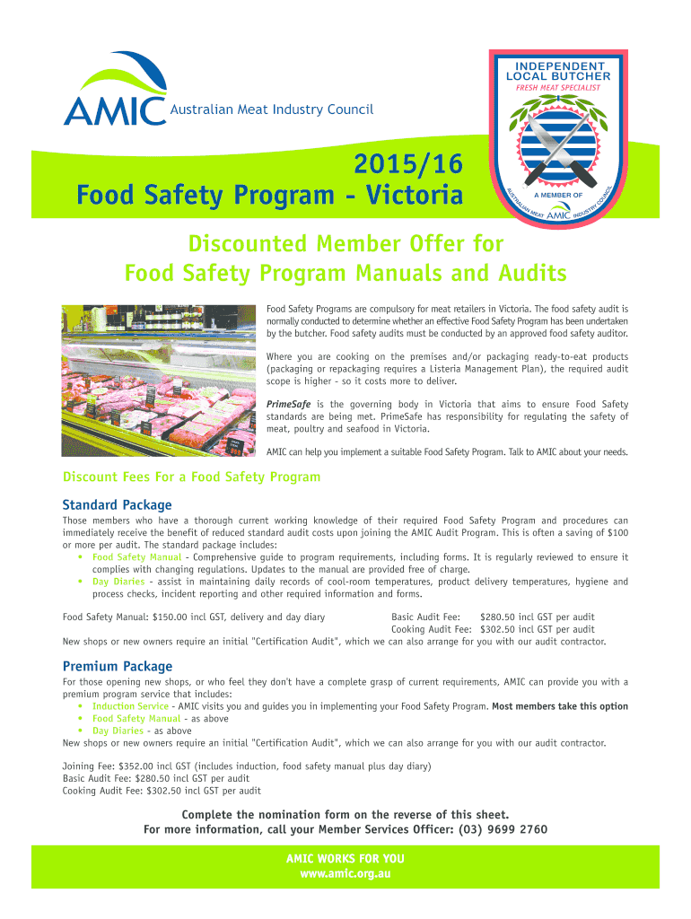 Fillable Online amic org 201516 Food Safety Program - Victoria Fax ...