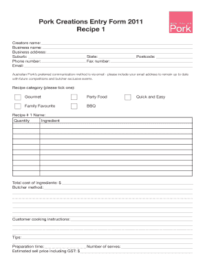 Fillable Online amic org Pork Creations Entry Form 2011 Recipe 1 Fax ...