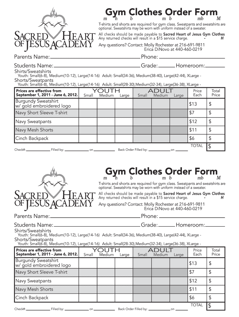 Fillable Online sacredheartofjesusacademy Gym Clothes Order Form ...