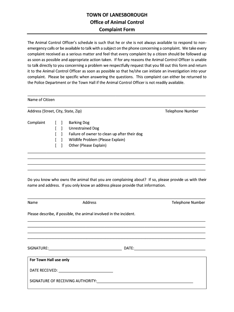 Fillable Online TOWN OF LANESBOROUGH Office of Animal Control Complaint ...